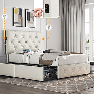 Yaheetech Full Size Upholstered Bed Frame with 2 USB Charging Stations/Ports for Type A & Type C/4 Storage Drawers/Adjustable Headboard, Faux Leather Platform Bed with Strong Wooden Slats, Beige