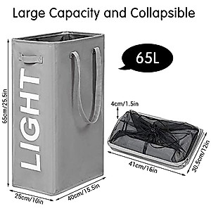 WOWLIVE Double 65L Slim Laundry Hamper 2 Pack Tall Thin Laundry Basket with Extended Handles Dark and Lights Separator Narrow Dirty Clothes Hamper Collapsible Laundry Organizer for Dorm Room (Grey)