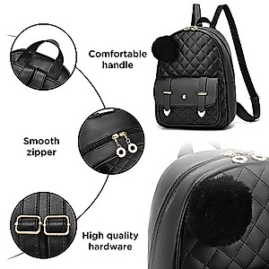I IHAYNER Backpack Purse for Women 3PCS Leather Cute Small Backpack Purse with Pompom Mini Backpack for Women Travel Backpack (Black)