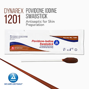 Dynarex Povidone Iodine Swabsticks, Swabstick Packaged in Individual Foil Pack, Antiseptic for Skin Preparation, Brown, 1 Case of 500 Dynarex Povidone Iodine Swabsticks, (10 Boxes of 50)