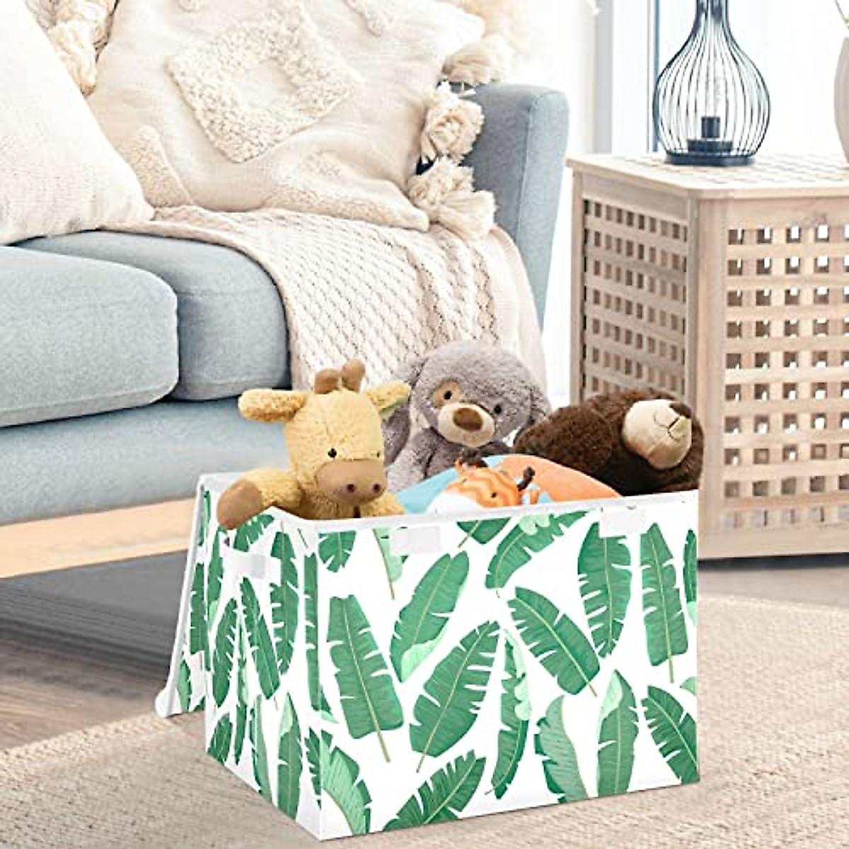 CaTaKu Green Banana Leaves Storage Bins with Lids and Handles, Fabric Large Storage Container Cube Basket with Lid Decorative Storage Boxes for Organizing Clothes