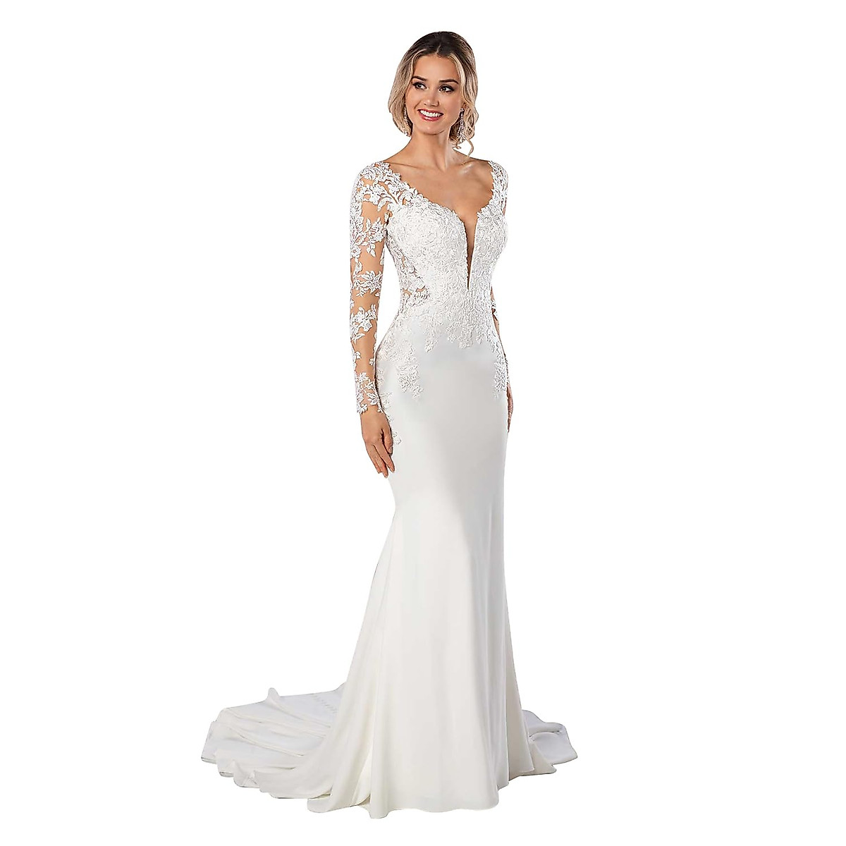 Miao Duo Elagant Long Sleeve Mermaid Wedding Dresses for Women 2022 Ivory Lace Wedding Gowns Ivory 6