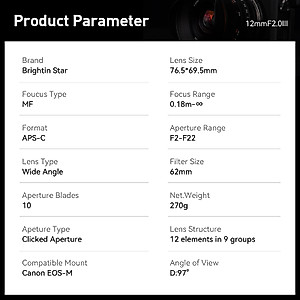 Brightin Star 12mm F2 III Manual Focus Prime Lens for Canon EOS-M Mount Mirrorless Cameras, APS-C Ultra-Wide Angle Large Aperture, Fit for M6, M50, M5, M3, M200, M10, M100, M, M2