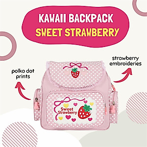 Aobiono Kawaii Strawberry Backpack Mini Cute Anime Aesthetic Pink Lace Polka Dot Small Bookbag Japanese Cartoon Fruit Bag