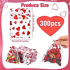 300 Pcs Valentine's Day Heart Candy Bags Organza Jewelry Pouches Drawstring Bags Valentine Love Heart Gift Bags Wedding Gift Pouch Drawstring Pouch for Gift Packaging (Heart Pattern, 3.94 x 4.72 Inch)