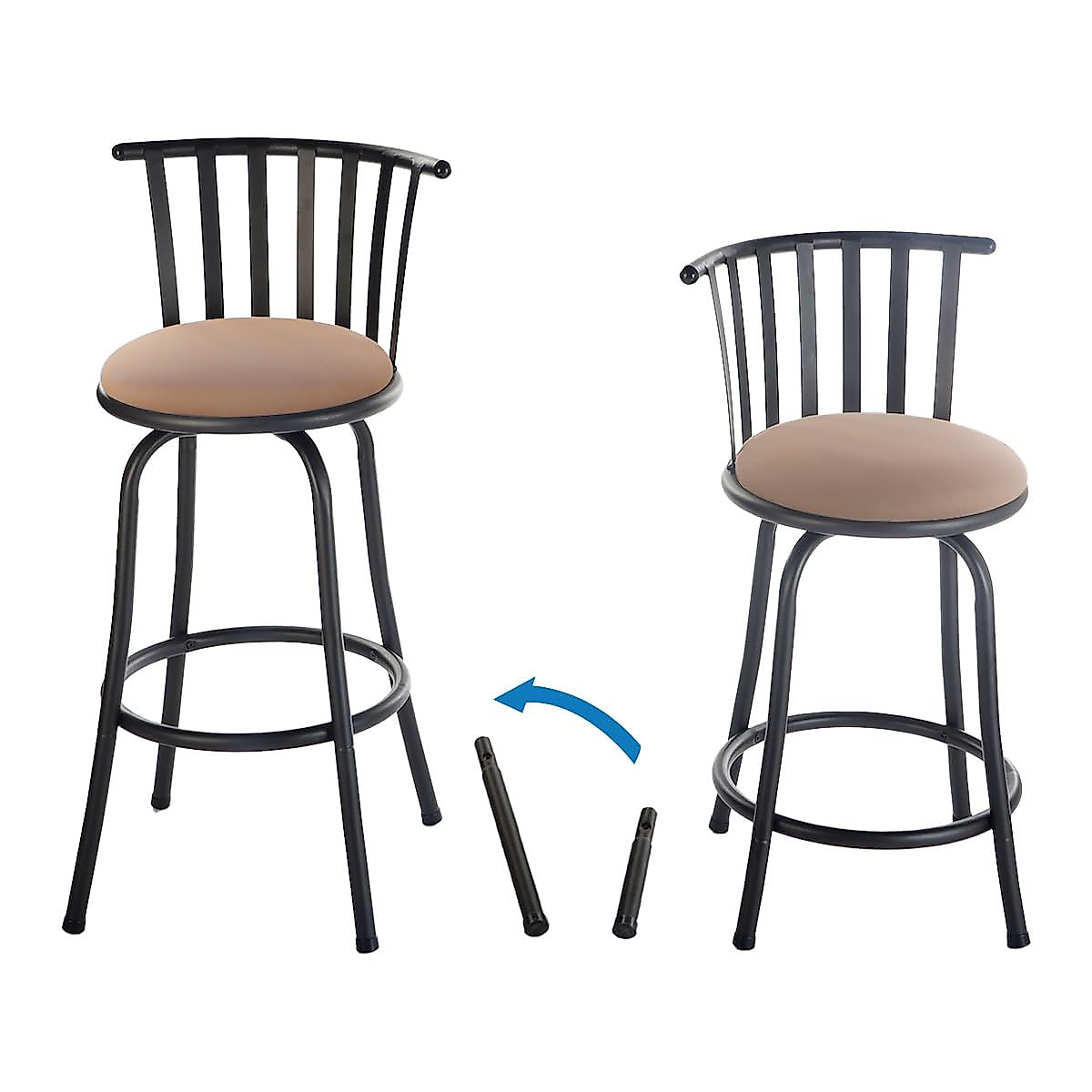 FurnitureR 24 INCH Country Style Industrial Counter Bar Stools Set of 2, Swivel Barstools with Metal Back, with Fabric Seat and Footrest for Indoor Bar Dining Kitchen, Brown