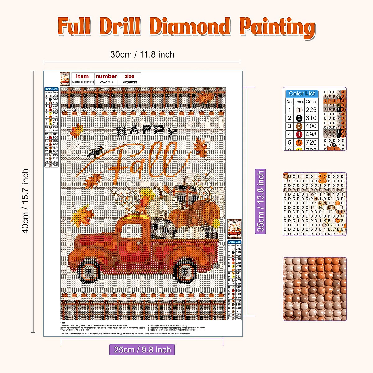 NAIMOER Happy Fall Diamond Art Kits for Adults, 5D Truck Diamond Art Kits for Adults, DIY Full Drill Pumpkin Diamond Art Fall Diamond Art for Home Decor 30x40cm