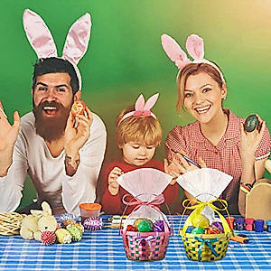 Easter Woven Bamboo Basket with Handles Sets Include Easter Round Basket, Grass Shred, Plastic Fillable Easter Eggs, Colorful Satin Ribbon, Clear Plastic Bag for Easter Party Supplies (8 Pack)