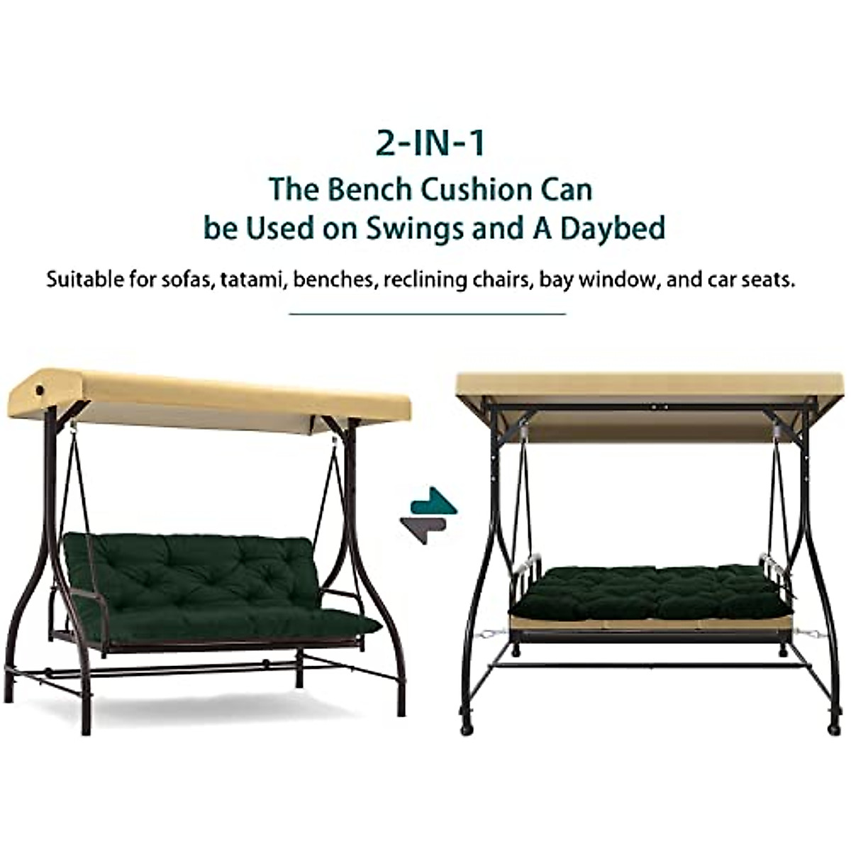 Zacammy Swing Replacement Seat Cushions, 2-3 Seater Bench Cushions for Outdoor Furnitur with Backrest, Garden Recliner Seat Cushions Waterproof Sofa Pads (Dark Green 60x40in)