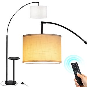 OUTON Arc Floor Lamp with Table and Marble Base, 81" Height LED Dimmable Floor Lamp with Remote & 4 Color Temperature, Tall Standing Lamp with Adjustable Hanging Drum Shade for Living Room, Bedroom