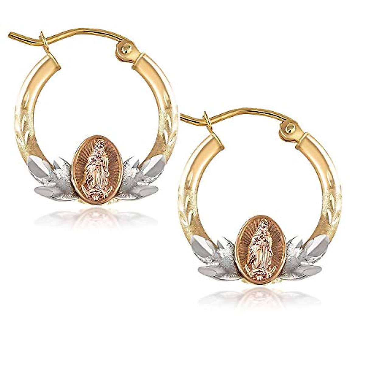 14k Gold Hoop Earrings Virgin Mary for Women – Nice Tri Color Unique Mother Jewelry Gift - Yellow White Rose Hoops - Hermoso Aretes De Mujer Oro (25)