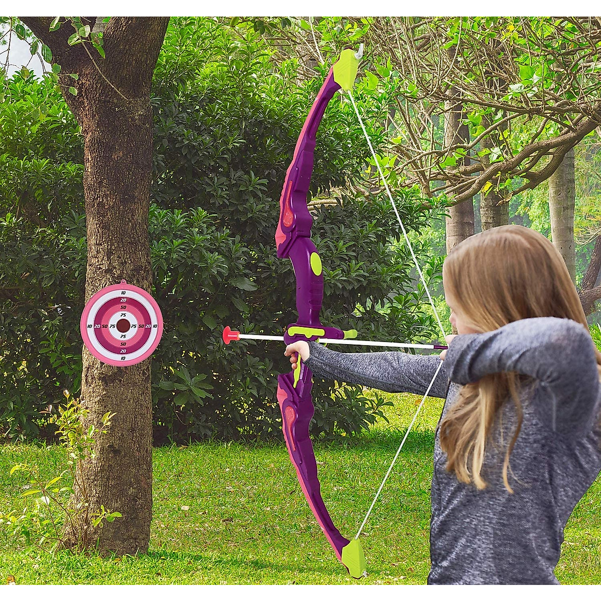 Liberty Imports Kids Bow and Arrow Set - LED Light Up Archery Toy Set with 6 Suction Cup Arrows, Target, Quiver - Indoor and Outdoor Target Practice for Girls (Pink)