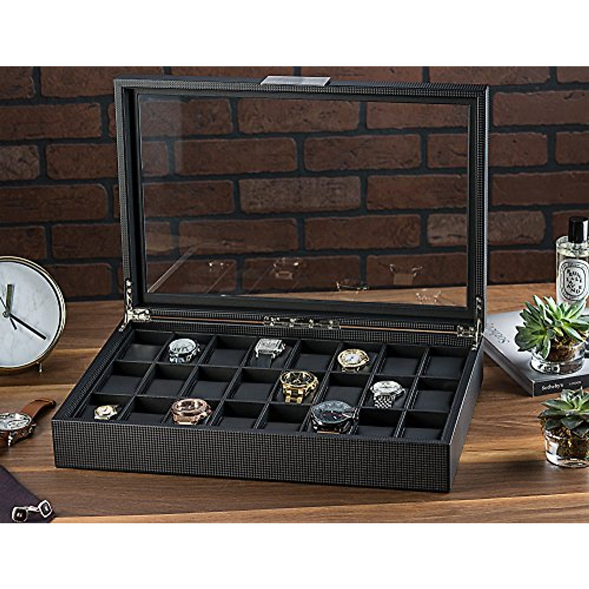 Glenor Co Watch Box for Men - 24 Slot Flat Luxury Display Case Organizer, Carbon Fiber Design for Mens Jewelry Watches, Men's Storage Holder Boasts Large Glass Top,Metal Buckle & Leather Pillows-Black