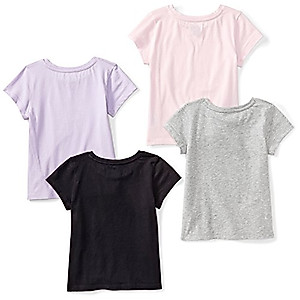 Amazon Essentials Girls' Short-Sleeve T-Shirt Tops (Previously Spotted Zebra), Pack of 4, Black Unicorn/Grey Text Print/Light Pink/Lilac, X-Large