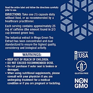 Life Extension Lightly Caffeinated Mega Green Tea Extract - 98% EGCG Polyphenols Supplement for Heart and Brain Health Support for Men and Women - Gluten Free, Non-GMO, Vegetarian - 100 Count