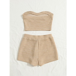 Verdusa Women's 2 Piece Outfit Ribbed Crop Bandeau Tube Top and Biker Track Shorts Sets Khaki M