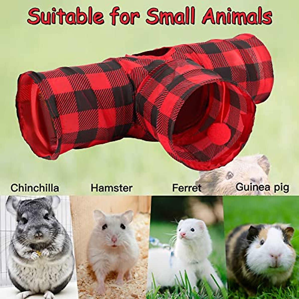YUEPET Guinea Pig Tunnel and Tube Collapsible 3 Way Guinea Pig Hideout with Plaid Classic Style, Small Animal Tunnel for Guinea Pig Ferret Hamster Chinchilla