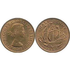 Almost Uncirculated 1959 British Halfpenny -- The Golden Hind