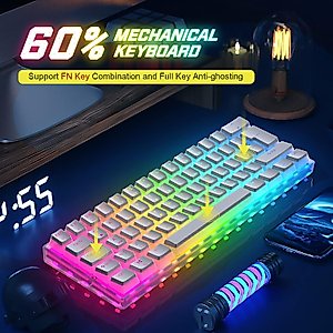 MAGIC-REFINER MK21 60% Mechanical Keyboard,Hot Swappable Outemu Red Switch,19 RGB Backlit Wired Compact Gaming Keyboard with Pudding Keycaps,Driver/Software Supports for PC Xbox one PS4 PS5