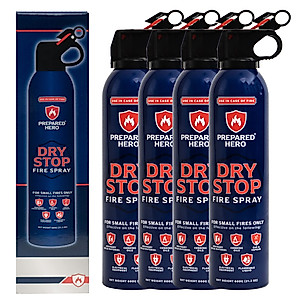 Dry Stop Fire Spray by Prepared Hero - 4 Pack - Portable Fire Extinguisher for Home, Car, Garage, Kitchen - Works on Electrical, Grease, Battery Fires & More - Compact, Easy to Use