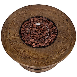 Shine Company Merida 40 in Round 50,000 BTU Outdoor Glass Fiber Reinforced Concrete Propane Gas Fire Pit Table w/GFRC Tabletop, Stainless Steel Burner, Lava Rocks, Natural Wood Look - Brown