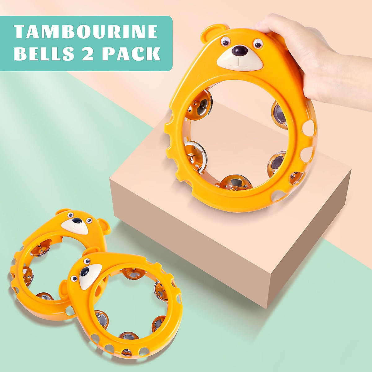 YONTY Hand Tambourine Bells, 2 Pack Yellow Bear Plastic Musical Percussion, Cartoon Pattern Kids Tambourines Rhythm Toys, Lovely Jingles Music Instrument for Christmas Birthday Gift