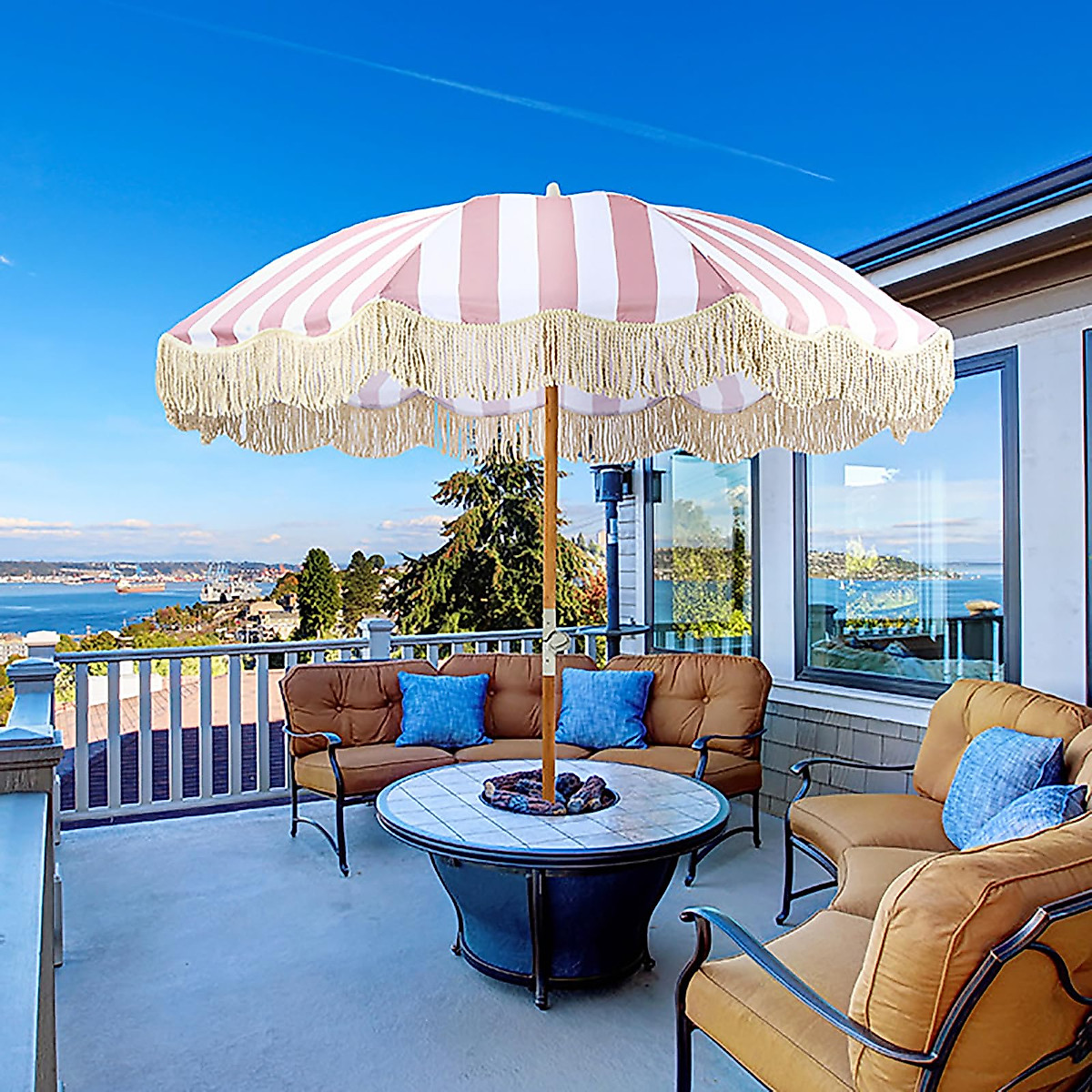 HM&DX Pink Patio Umbrella with White Tassels,7 Ft Outdoor Table Umbrella Button Tilt,Round Outdoor Umbrella 8 Sturdy Ribs,Sun Shade Rainproof Garden Umbrella