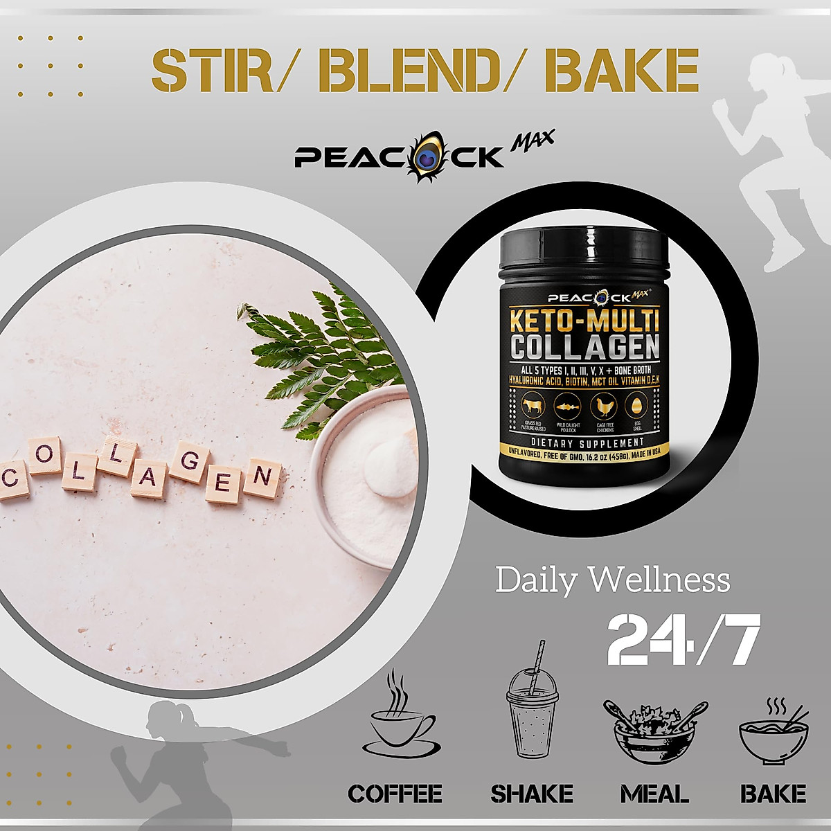 Peacock Max Keto Multi Collagen 5 Types with Bone Broth, Unflavored 16.2 oz Nutrition Protein Powder with Hydrolyzed Peptides, MCT Oil, Biotin, Supports Joints, Bones, Skin, Gut Health