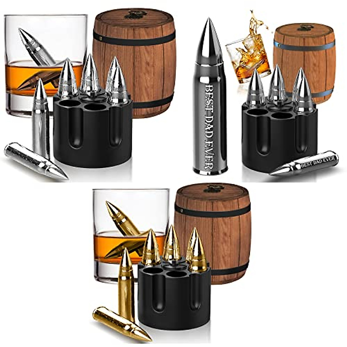 Gifts for Men Dad, 6 pcs Golden Whiskey Stones & 6 pcs Silver Whiskey Stones & 6 pcs Best Dad Ever Whiskey Stones, Christmas Stocking Stuffers, Unique Birthday Gift Ideas for Dad from Wife