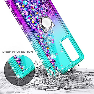 NZND Compatible with Samsung Galaxy A03S Case with Tempered Glass Screen Protector, Ring Holder/Wrist Strap, Glitter Liquid Floating Waterfall Durable Girls Women Kids Cute Case (Aqua/Purple)