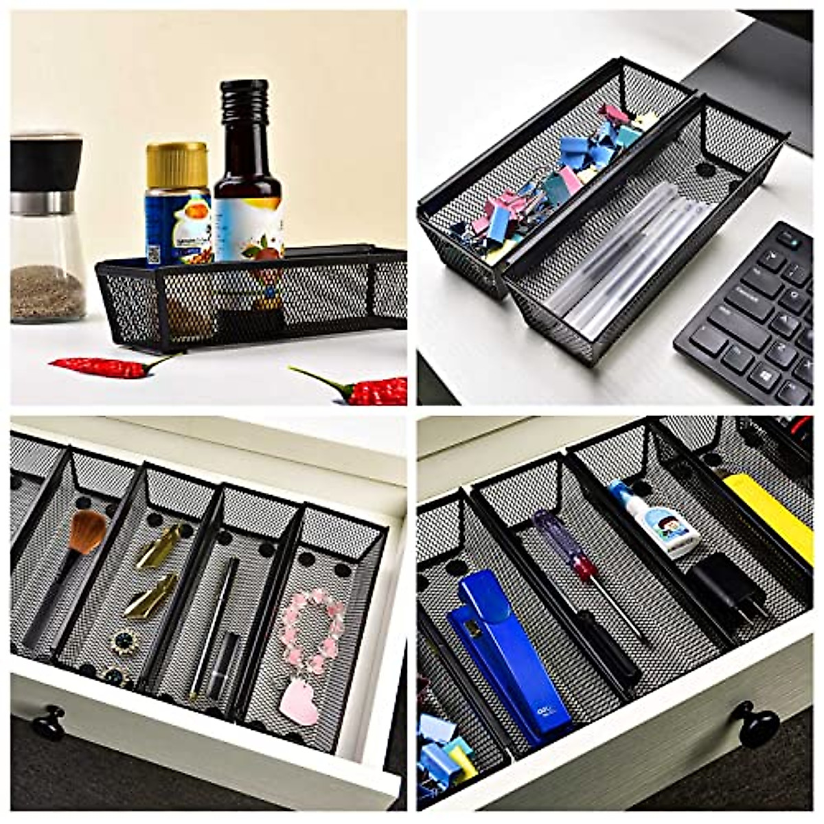 9 x 3 x 2 Inch Silverware Drawer Organizer, 6 Pcs Metal Mesh Drawer Organizer for Kitchen, Black Utensil Organizer, Silverware Tray with Interlocking Arm for Flatware Knives Forks and Spoons