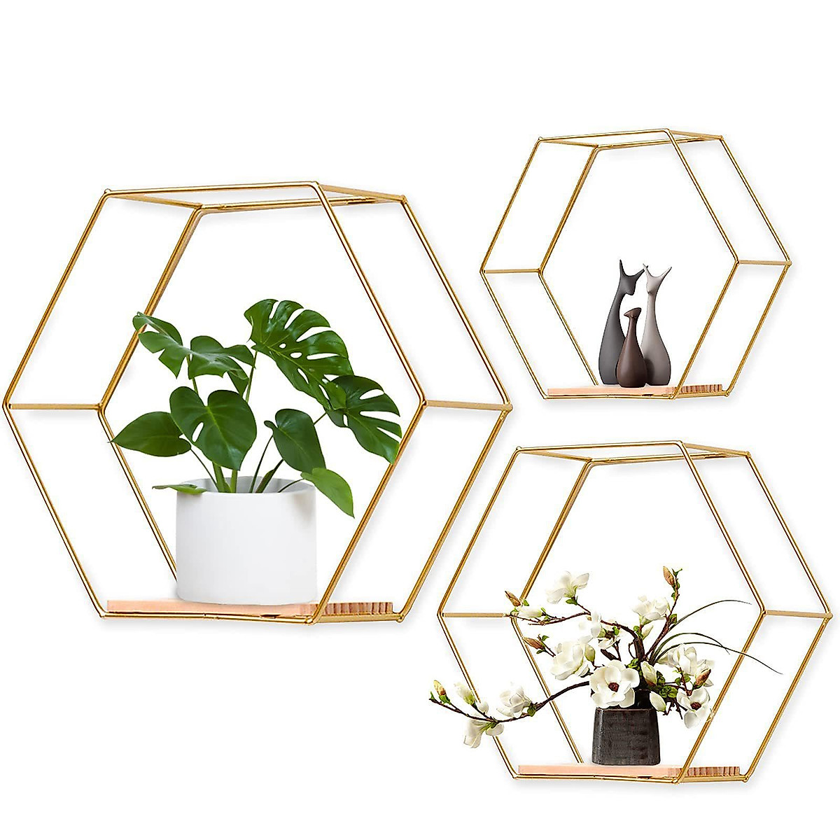 MYCENSE 5Pcs Hexagon Iron Wall Shelves Floating Shelf, Bathroom Wall Decoration Organizer, Storage Rack for Books Artworks Display, Golden