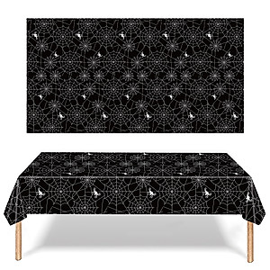 3-Piece 54 x 108 Inch Spider Web Plastic Tablecloth - Black Spiderweb with Spiders Designs, Disposable Rectangle Table Cover for Dining, Birthday, Halloween, Spooky Themed Indoor Outdoor Decorations