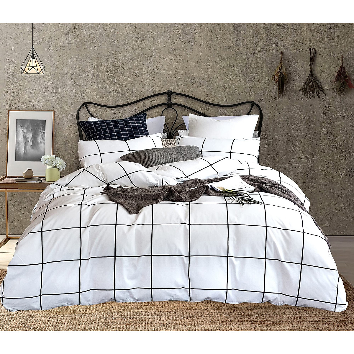 KAREVER White Grid Duvet Cover Set Queen White Checkered Bedding Set White and Black Plaid Queen 3 PCS Women White Checkered Duvet Cover Set Queen White Grid Duvet Cover