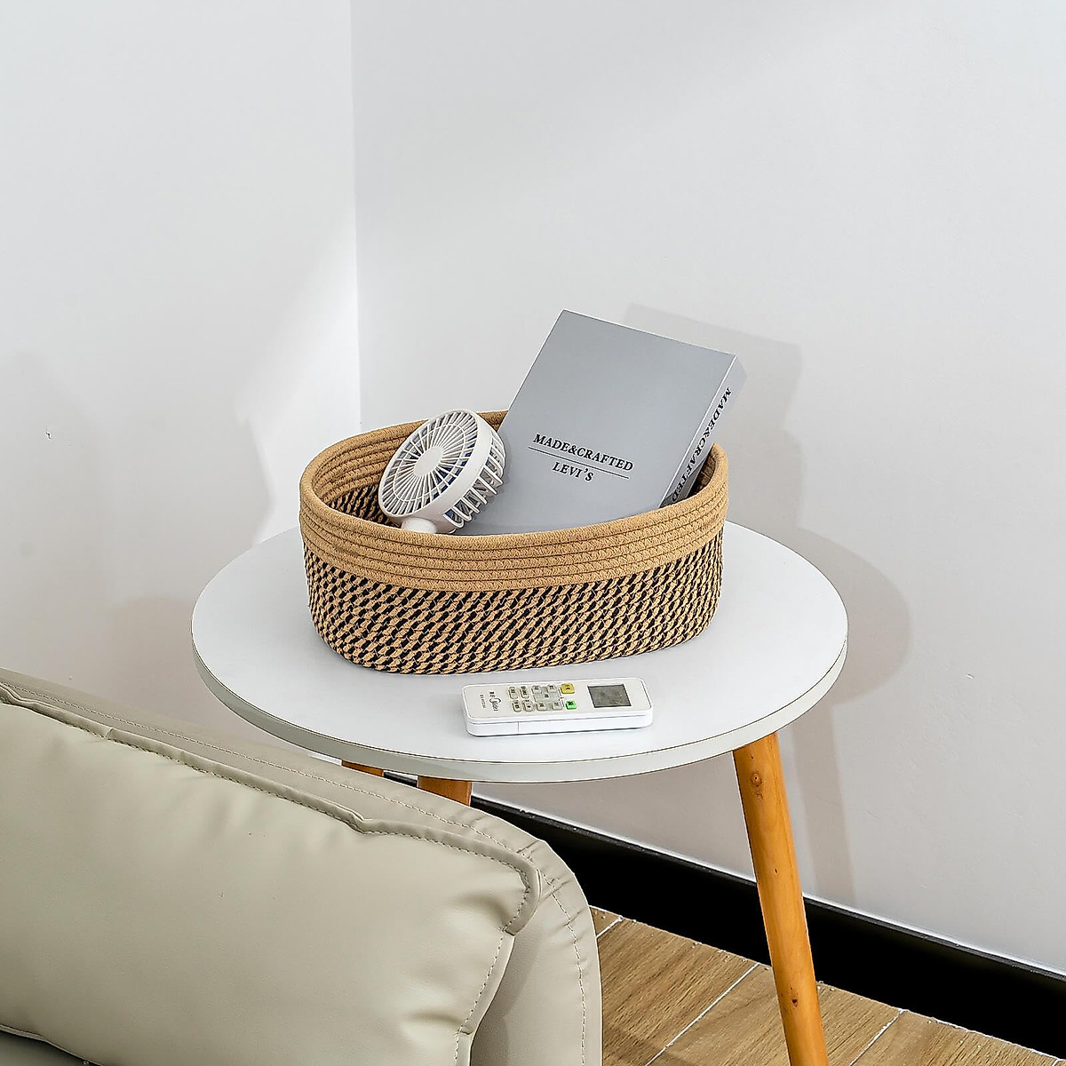 CubesLand Small Cube Shelf Closet Storage Baskets Bins Set 2,Woven Basket for Organizing/Storage, Long-lasting &Skin-friendly Storage Basket Bin,Stylish Room Decor Basket,Camel/Mixed Black Rope Basket