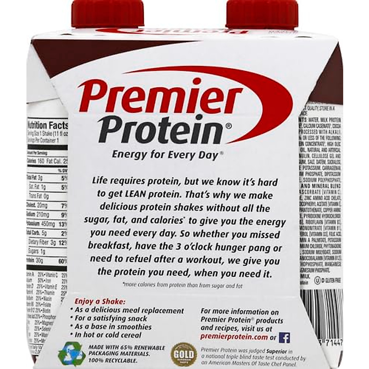 Premier Protein Shake, Chocolate, 30g Protein, 1g Sugar, 24 Vitamins & Minerals, Nutrients to Support Immune Health, 4 Count, 44 Fl Oz
