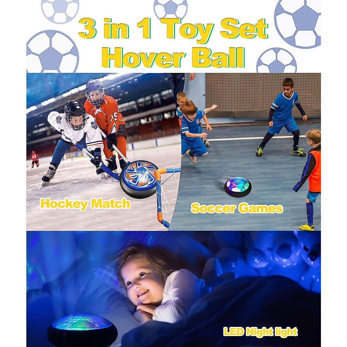 3 in1 Hover Soccer Hockey Balls for Kids, Hover Toys Set with 2 Goals USB Rechargeable LED Light Floating Ball Indoor Outdoor Sports Games, Ideal Gifts for 6-12 Boys Girls Blue