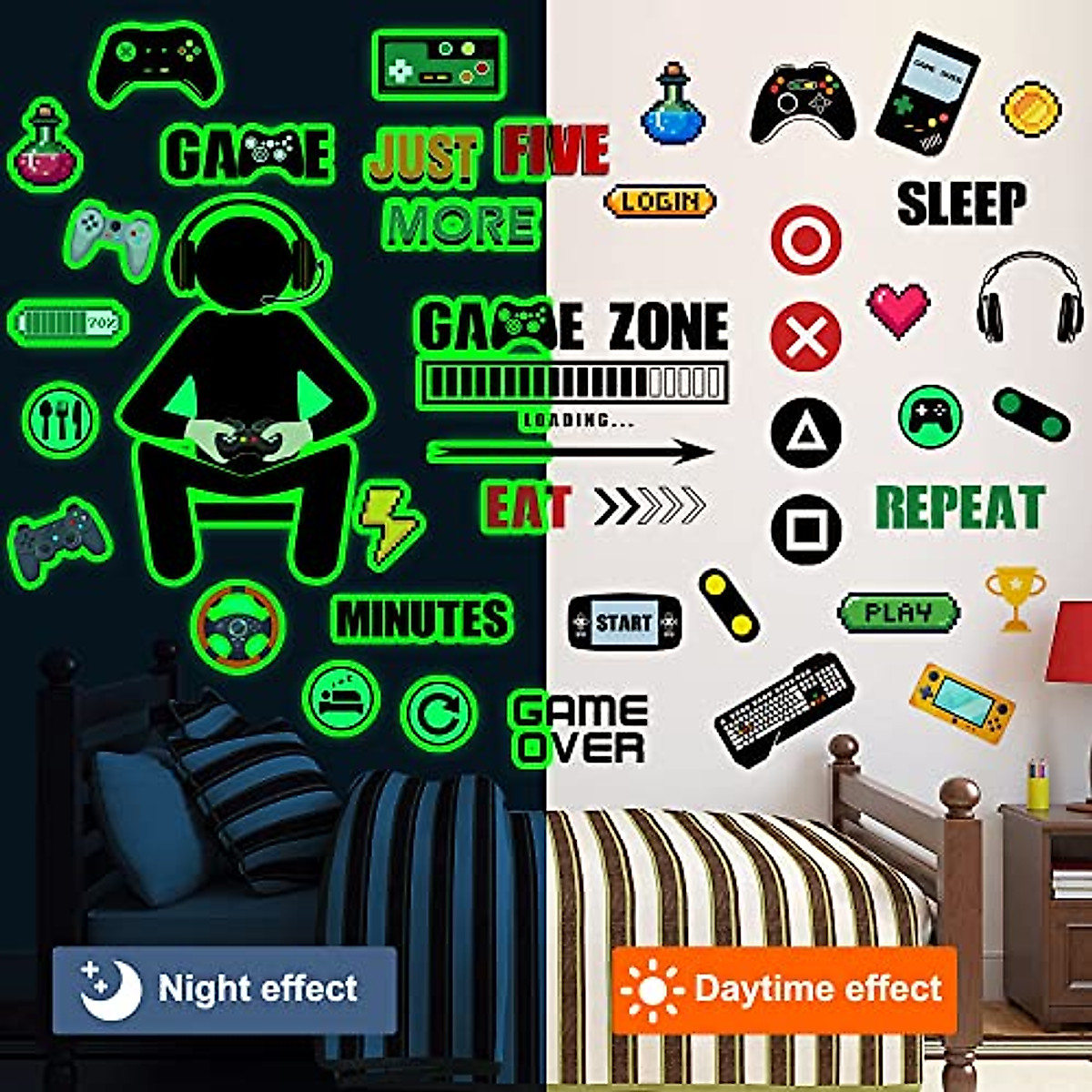 Gamer Wall Decals Stickers Glow in The Dark Wall Decals Game Wall Stickers Gaming Controller Wall Decals Game Room Decor Video Game Decal for Boys Kids Girls Bedoom Playroom Wall Decor… (Green)