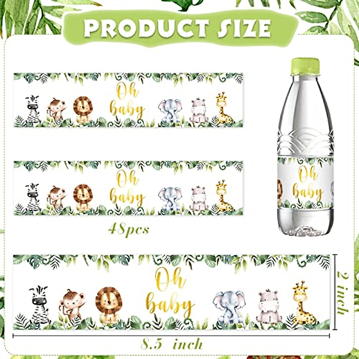 48 Pieces Water Bottle Labels Jungle Animals Themed Party Shower Water Bottle Stickers Wrappers Waterproof Baby Shower Labels for Baby Shower Party Decoration