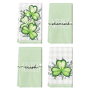 Artoid Mode Buffalo Plaid Kisses Wishes Shamrock St Patrick's Day Kitchen Towels Dish Towels, 18x26 Inch Seasonal Eucalyptus Leaves Decor Hand Towels Set of 4