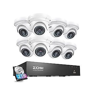 ZOSI 4K PoE Security Camera System with 2TB Hard Drive, 8 Ports 16CH 8MP NVR Recorder, 8pcs 3K 5MP Outdoor Indoor Home PoE Dome Cameras, Night Vision, Motion Alert, Remote Access, for 24/7 Recording