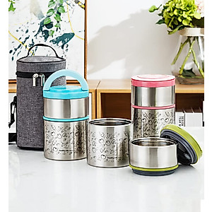 Lille Home Vacuum Insulated Stackable Stainless Steel Thermal Lunch/Snack box, 2-Tier Bento/Food Container with Lunch bag, Smart Diet, Weight Control, 32 Ounces, Pink