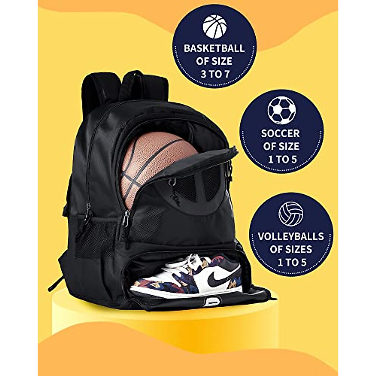 TRAILKICKER Mesh Black Basketball Soccer Bag Backpack Sports Volleyball Football Bag with Ball and Shoe Compartment for Boys Girls Man Women Ball Equipment Bag Basketball Stuff