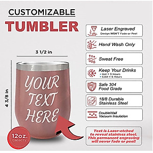 Personalized Your Text & Logo Wine Tumblers 12 oz. Laser Engraved Stainless Steel Vacuum Insulated Travel Mug with Lid, Custom Birthday Gift for Him, Her