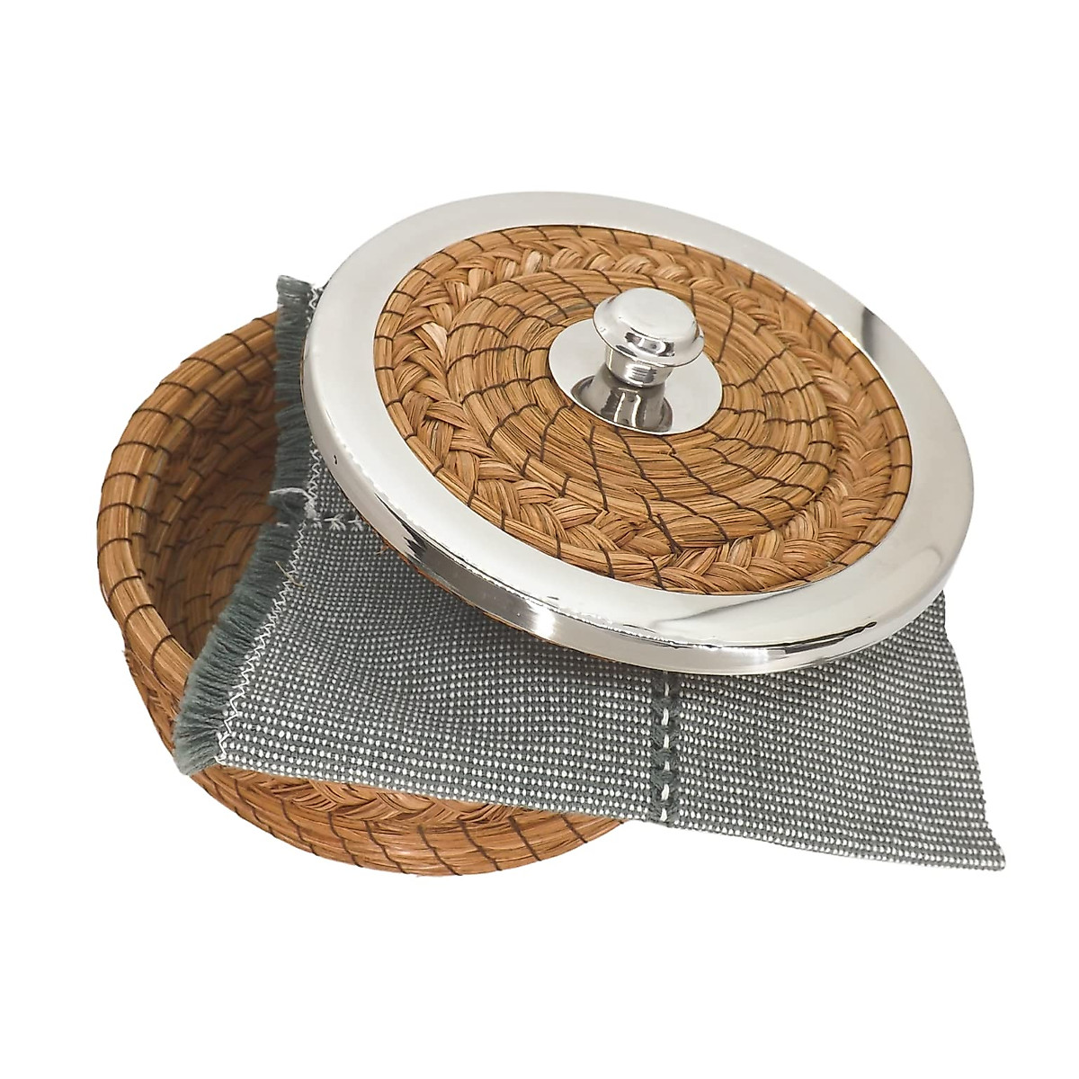 MEXTEQUIL - Authentic Mexican Tortilla Warmer Basket - Pine Needle Handwoven with Handloomed Cloth (Small Metal Rim w cloth)