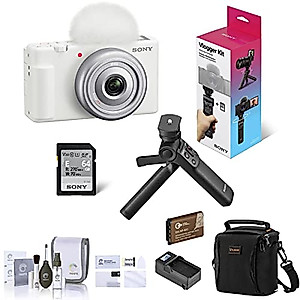 Sony ZV-1F Vlogging Camera, White Bundle with ACCVC1 Vlogger Accessory Kit, Shoulder Bag, Extra Battery, Charger, Screen Protector, Cleaning Kit