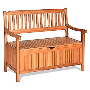 HAPPYGRILL Outdoor Storage Bench Wooden Deck Box with Removable Dustproof Liner, 33 Gal Wood Storage Loveseat Seating Furniture for Courtyard Garden Poolside