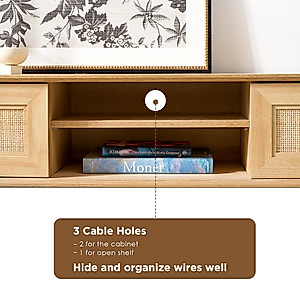 HMeeZnn Rattan TV Stand for 55 Inch TV, Mid Century Modern Entertainment Center with Storage Boho TV Console Table with 2 Cabinets for Living Room Bedroom, Natural Wood