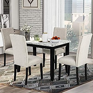 Merax 5-Piece Faux Marble and Wooden Dining Table Set with 4 Thicken Cushion Chairs for Kitchen, White + Beige