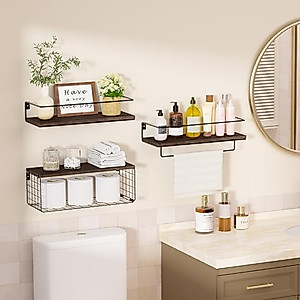 upsimples Bathroom Shelves with Storage Basket, Wall Shelves Over Toilet with Towel Bar and Paper Holder, Farmhouse Wood Floating Shelf for Bedroom, Living Room, Kitchen, Office, Dark Brown Set of 3